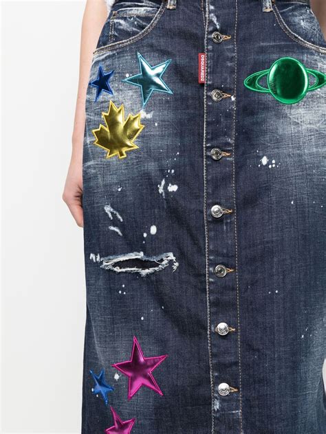 Dsquared Distressed Patch Detail Denim Skirt Farfetch