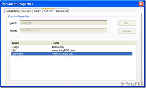 how to add a customized pdf description to a pdf document using command lines verypdf