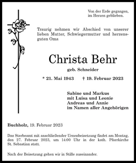 Traueranzeigen Von Christa Behr Rz Trauer De