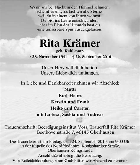 Traueranzeigen von Rita Krämer Trauer in NRW de