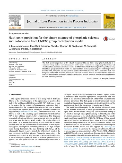pdf flash point prediction for the binary mixture of phosphatic solvents and n dodecane from
