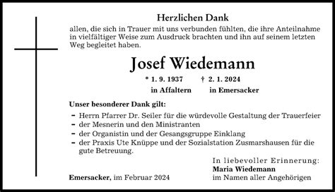 Traueranzeigen Von Josef Wiedemann Augsburger Allgemeine Zeitung