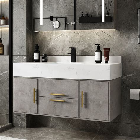 40 Gray Floating Bathroom Vanity Set With Faux Marble Top Integral