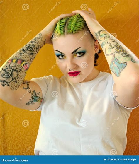 Punk Girl With Attitude Green Hair Tattoos Facial Piercings Stock Image Image Of Pierced