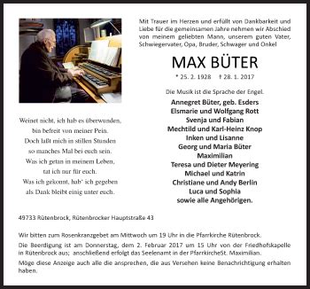 Traueranzeigen von Max Büter noz Trauerportal
