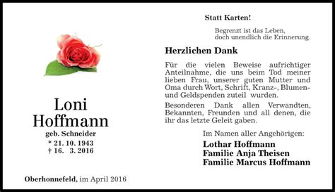 Traueranzeigen Von Loni Hoffmann Rz Trauer De