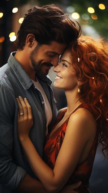 Premium Ai Image Man Woman Embracing Each Other Front Tree Redhead Hair Fire Luxury Urban