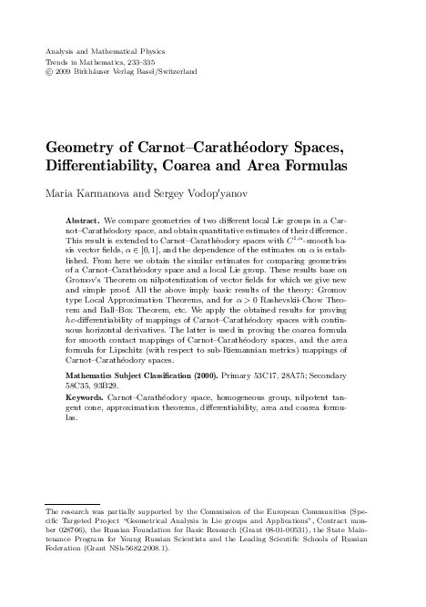 pdf geometry of carnot carathéodory spaces differentiability coarea and area formulas