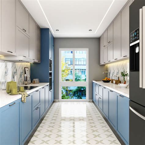 Parallel Modular Kitchen Design With Cielo Blue And Beige Cabinetry