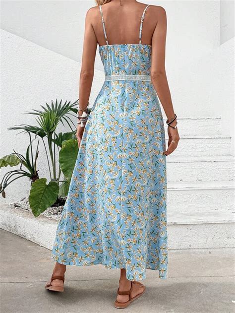 Cami Kleid Mit Blume Muster Kontrast Spitzen Schlitz Aktuelle