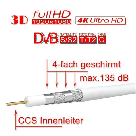 5m SAT Anschluss Kabel 135dB 4 Fach Mit F Stecker Weiss 11 99