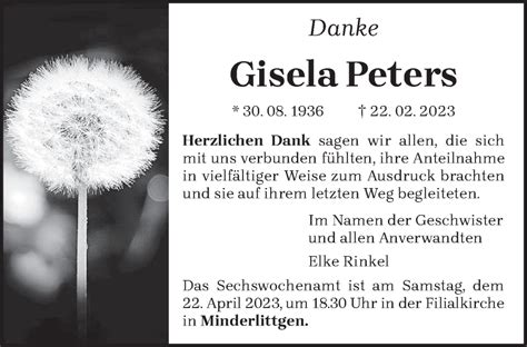 Traueranzeigen Von Gisela Peters Volksfreund Trauer De