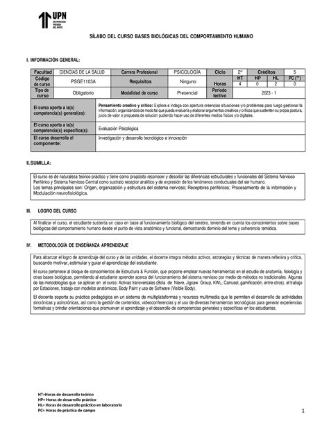 Bas biol comp huma sylabus 1 HT Horas de desarrollo teórico HP Horas