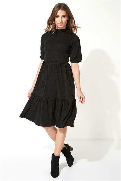 Puff Sleeve Tiered Midi Dress In Black Roman Originals Uk
