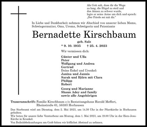 Traueranzeigen Von Bernadette Kirschbaum Rz Trauer De