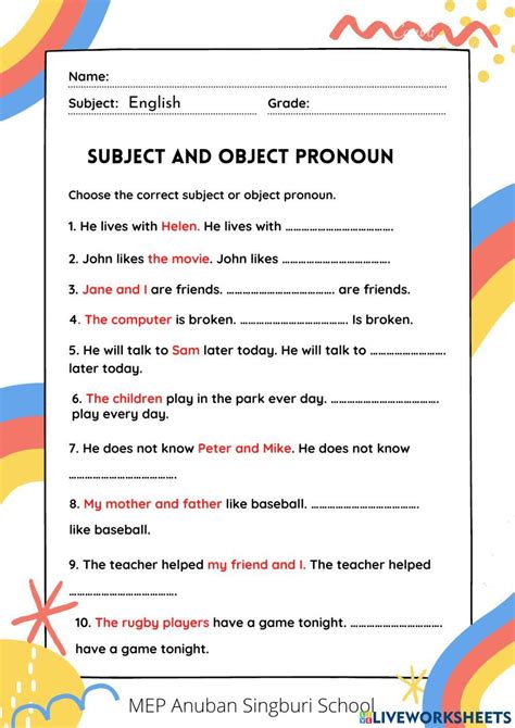 Subject Object Pronouns Worksheets Grades Great