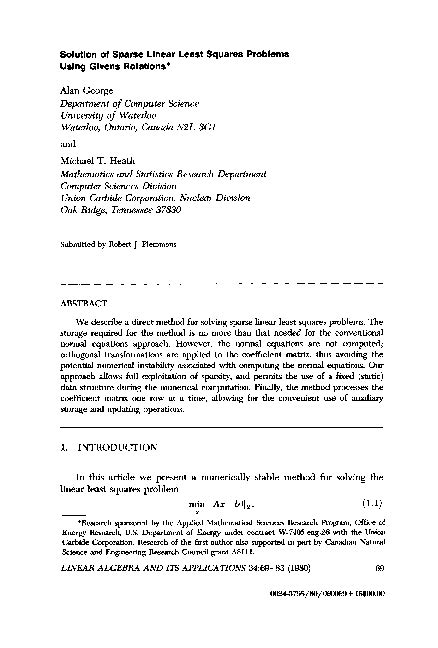 pdf solution of sparse linear least squares problems using givens rotations alan george