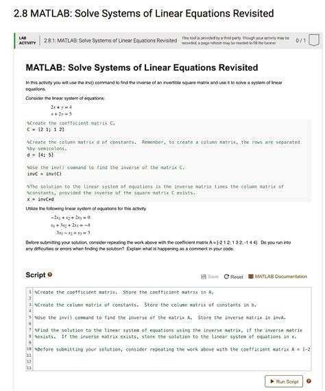 solved 2 8 matlab solve systems of linear equations revisited lab activity 2 8 1 matlab