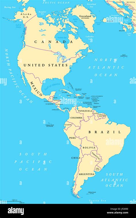 Las Américas Norte y Sur América el mapa político con fronteras