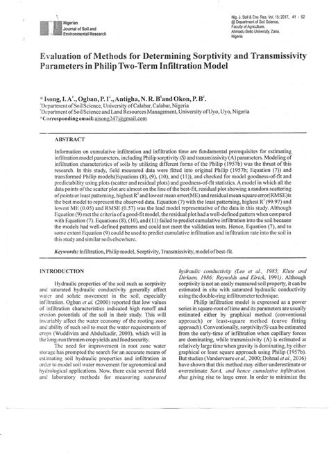 pdf evaluation of methods for determining sorptivity and transmissivity parameters in philip