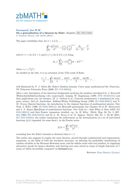 pdf review of the article “on a generalization of a theorem by euler” by jan w h swanepoel