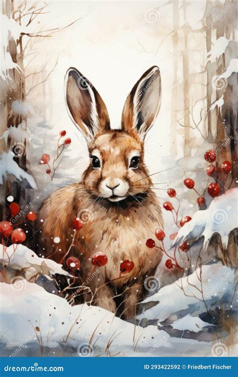 Una Pintura De Un Conejo En Un Bosque Nevado Stock de ilustración
