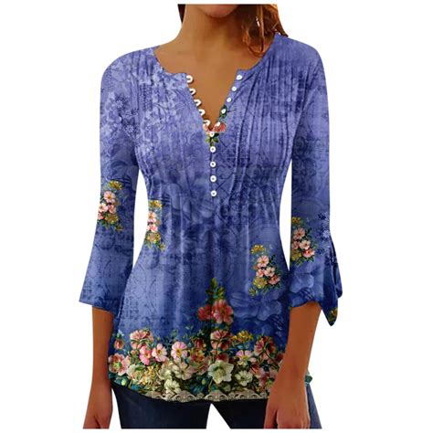 Taymeis Women Blouses Three Quarters Sleeve Vintage Floral Printed