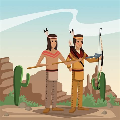 Dibujos Animados Indios Americanos En El Desierto Vector Premium