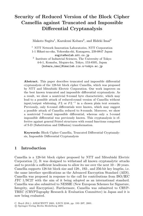 pdf security of reduced version of the block cipher camellia against truncated and impossible