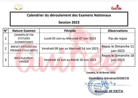 Voici Le Calendrier Des Examens Nationaux Session 2023 Guinee Conakry