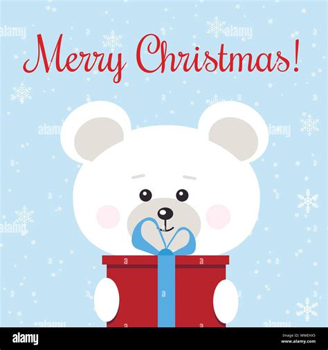 Christmas Greeting Card With Cute Polar Bear With Red Gift With Blue