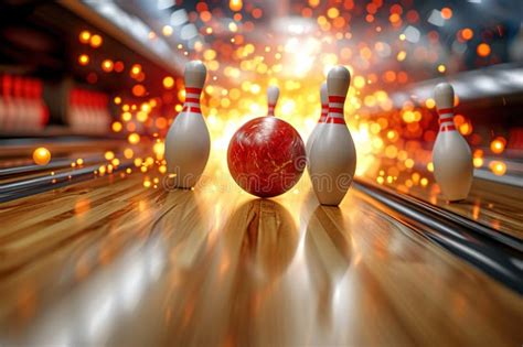 Bowling Ball Crashing Into The Pins On Bowling Alley Line Generative