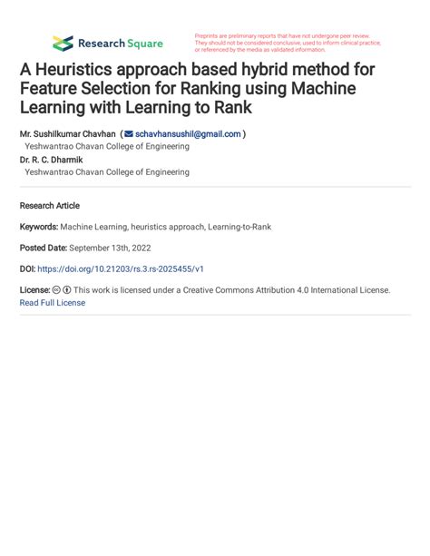 pdf a heuristics approach based hybrid method for feature selection for ranking using machine