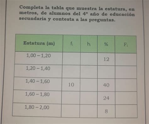 Completa la tabla que muestra la estatura en metros de alumnos de4 año