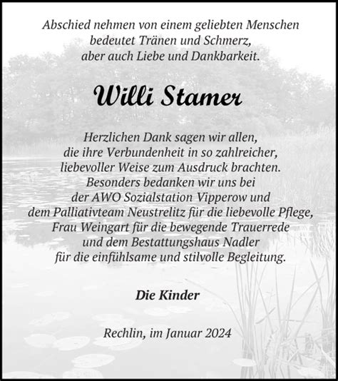 Traueranzeigen Von Willi Stamer Trauer Nordkurier