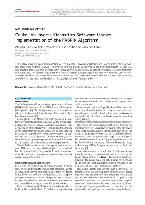 pdf caliko an inverse kinematics software library implementation of the fabrik algorithm