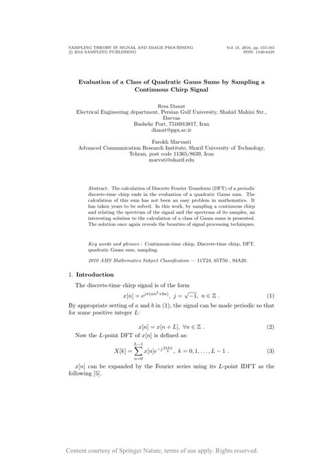 evaluation of a class of quadratic gauss sums by sampling a continuous chirp signal request pdf