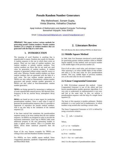 pdf pseudo random number generators paper pdf · generators and pseudo random