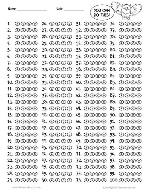 Free Printable Answer Sheet 1 100 Printable Templates