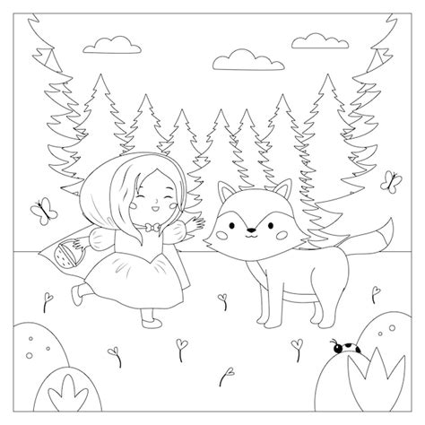 Coloriage Avec Le Petit Chaperon Rouge Et Le Loup Vecteur Premium