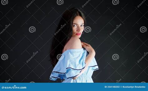 Portrait Of A Brunette Woman With Red Lips Who Eroticly And Playfully