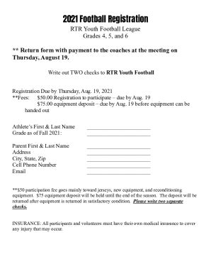 Fillable Online 2021 RTR Youth Football Registration Form Fax Email