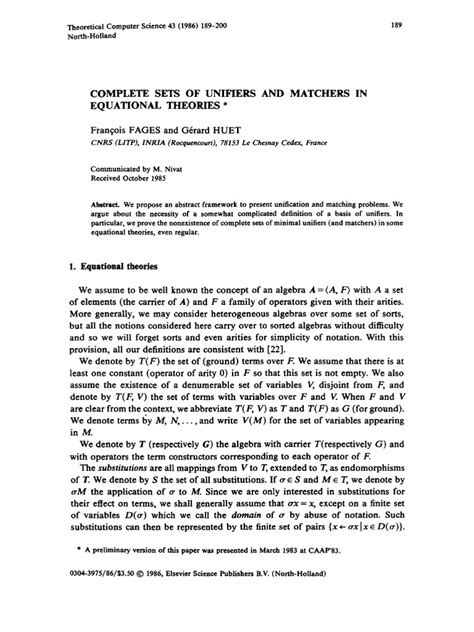 complete sets of unifiers and matchers in equational theories 1986 theoretical computer science