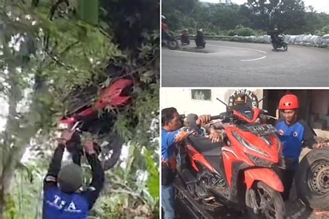 Alamak Sepeda Motor Rem Blong Tersangkut Di Pohon Setinggi Tiga Meter