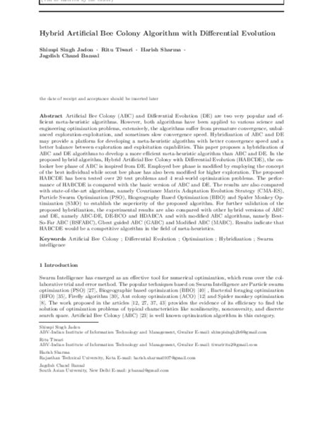 pdf hybrid artificial bee colony algorithm with differential evolution shimpi jadon