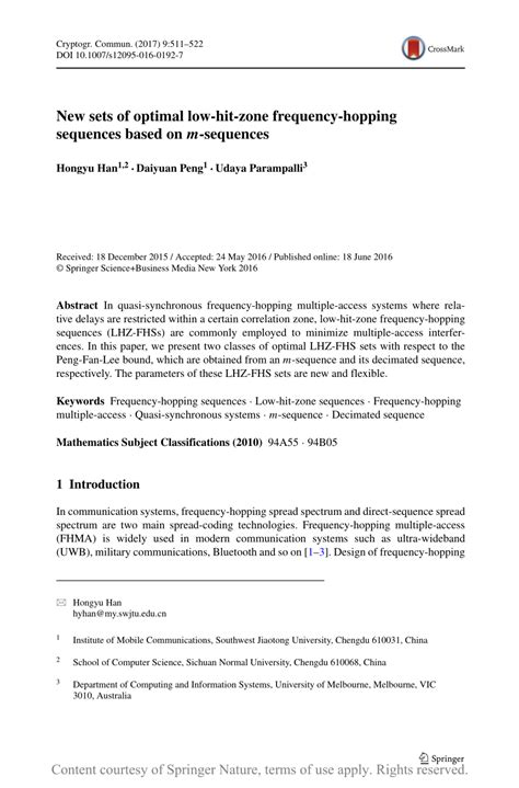 new sets of optimal low hit zone frequency hopping sequences based on m sequences request pdf