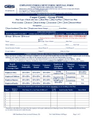 Fillable Online INSTRUCTIONS FOR COMPLETING EMPLOYEE ENROLLMENT CHANGE