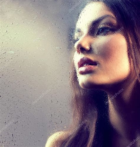 Beauty Girl Behind Wet Glass Stock Photo Subbotina 74138707