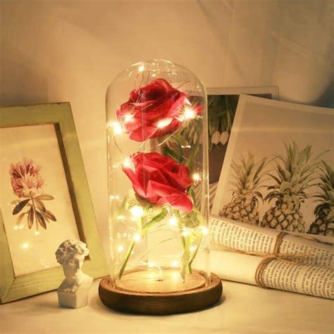Rose Éternelle Sous Cloche Luxe En Verre Et Bois LED Romantique Et