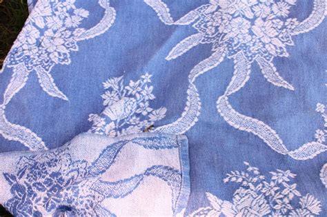 Vintage Bates Woven Cotton Jacquard Bedspread Blue White Bridal